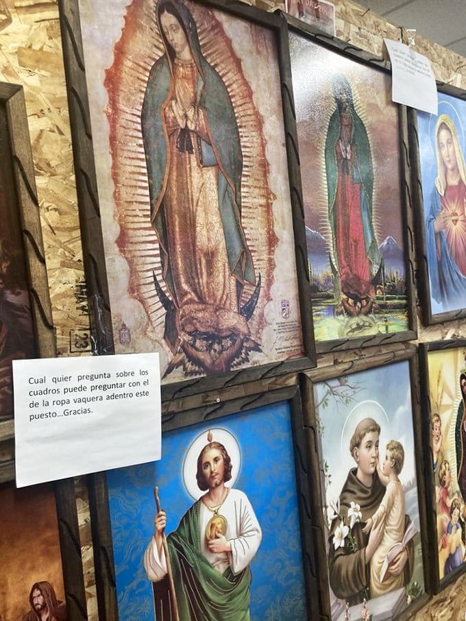 Religious iconography finds a home at Lancaster, where devotional art meets d&eacute;cor. La Virgen de Guadalupe watches over shoppers seeking both spiritual and material treasures.