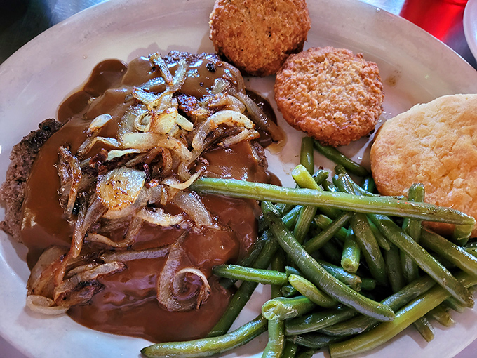 This isn't just dinner; it's a comfort food trilogy&mdash;perfectly seared meatloaf, crispy-edged biscuits, and green beans that actually make you want to eat vegetables.