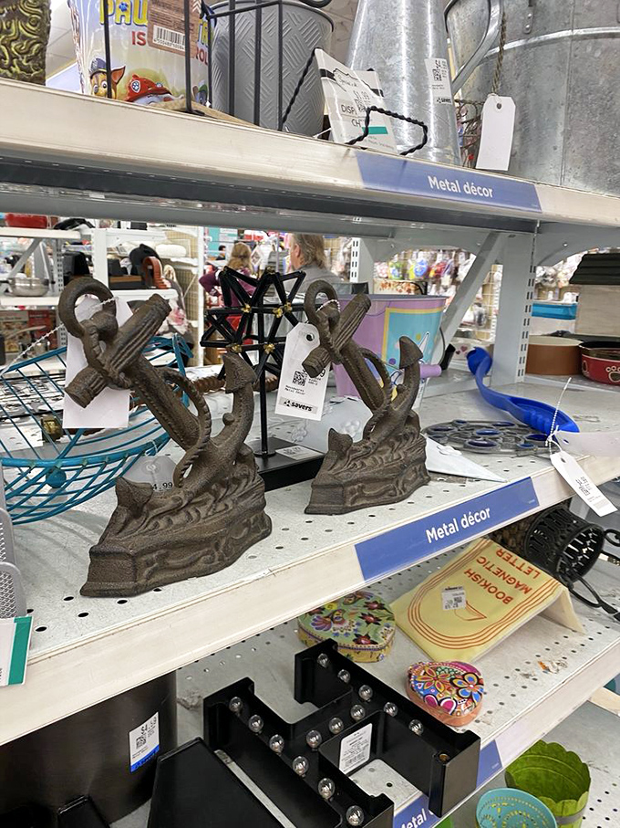 Decorative anchors remind us that even landlocked thrift stores can harbor nautical treasures worth discovering.