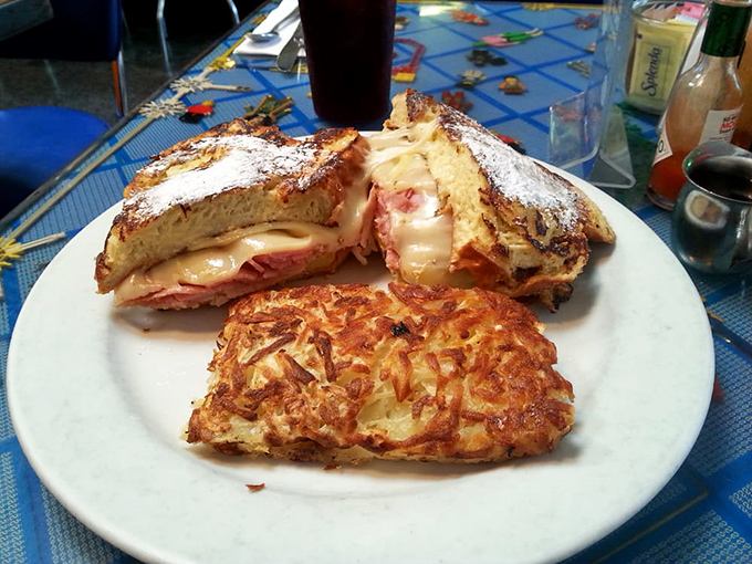 A sandwich that dressed for dessert but brought savory friends to the party. That crispy hash brown is the unsung hero here.