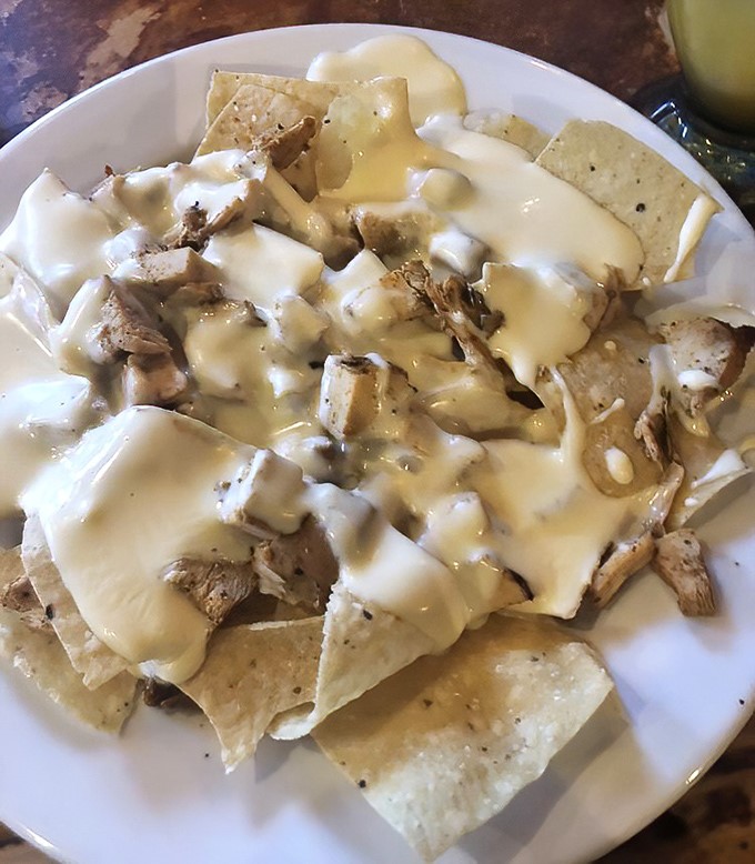 Chicken nachos bathed in queso blanco&mdash;where every chip is a treasure hunt and no bite is left behind in this creamy, dreamy landscape.