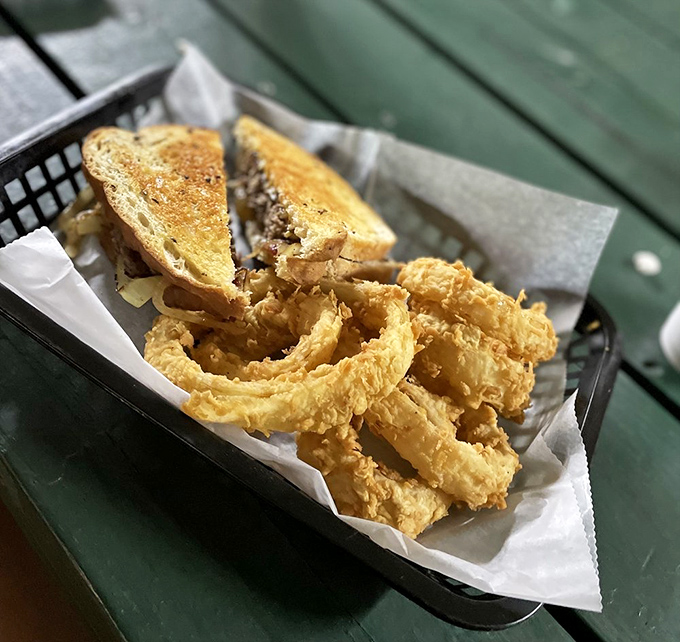 The perfect marriage of golden onion rings and a classic sandwich&mdash;this basket doesn't need fancy plating when it tastes like a warm hug from your favorite aunt.