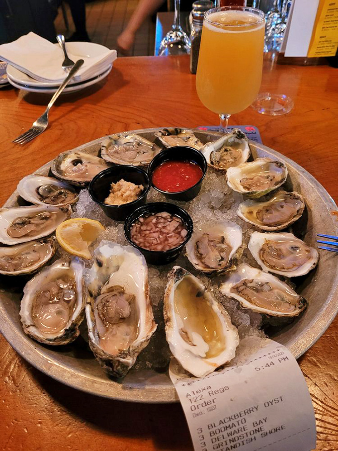 A dozen oysters on ice, three dipping sauces, and a cold beer—suddenly Monday doesn't feel so Monday anymore.
