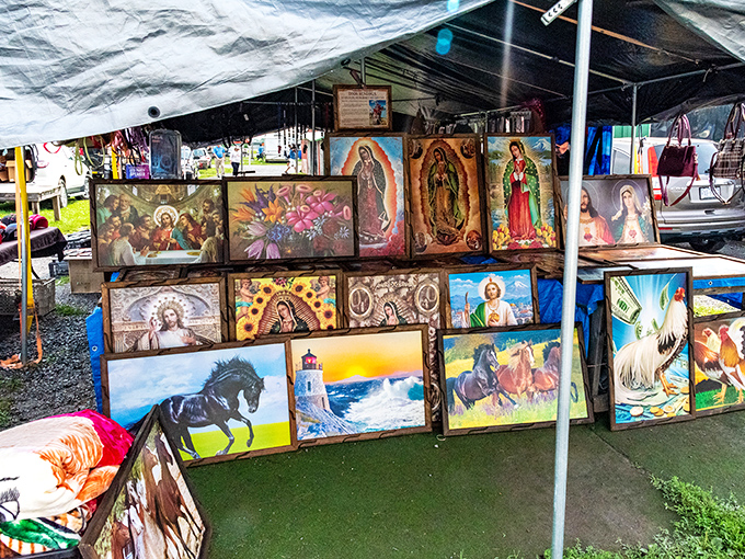 Religious iconography meets Americana art in this outdoor gallery. Where else can you find the Virgin Mary, majestic horses, and lighthouses coexisting in perfect retail harmony? 