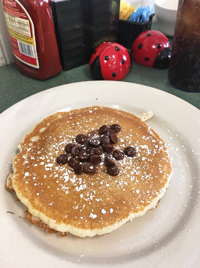 A chocolate chip pancake dusted with powdered sugar and topped with chocolate morsels. Dessert for breakfast? In Florida, we call that "vacation mode."