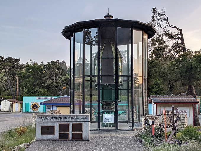 The Piedras Blancas lighthouse lens stands like a crystal palace, refracting sunlight into a thousand stories of ships safely guided home.