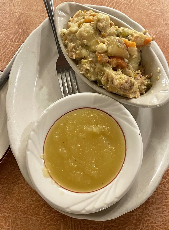 Pennsylvania Dutch meets home cooking&mdash;chicken pot pie swimming in savory goodness alongside applesauce that tastes like autumn memories.