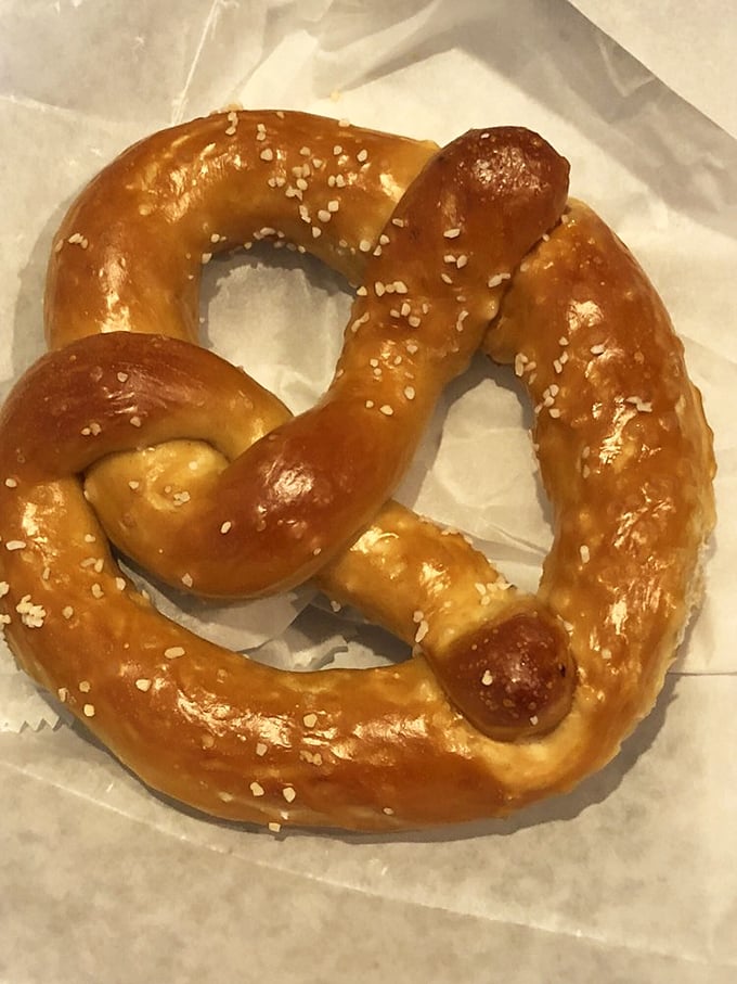 This pretzel isn't just twisted, it's living its best life with a golden tan and salt accessories that would make any foodie swoon.