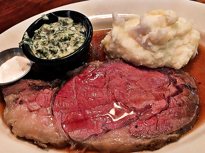 This prime rib arrives like the star of its own show, perfectly pink and ready for applause. 