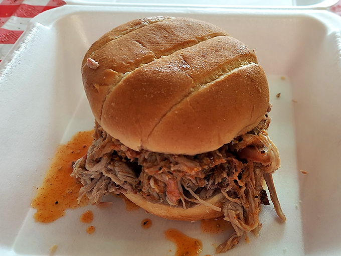 The pulled pork sandwich arrives with no pretense, just a mountain of hand-pulled meat that's spent quality time in the smoker. This isn't a sandwich&mdash;it's a commitment.