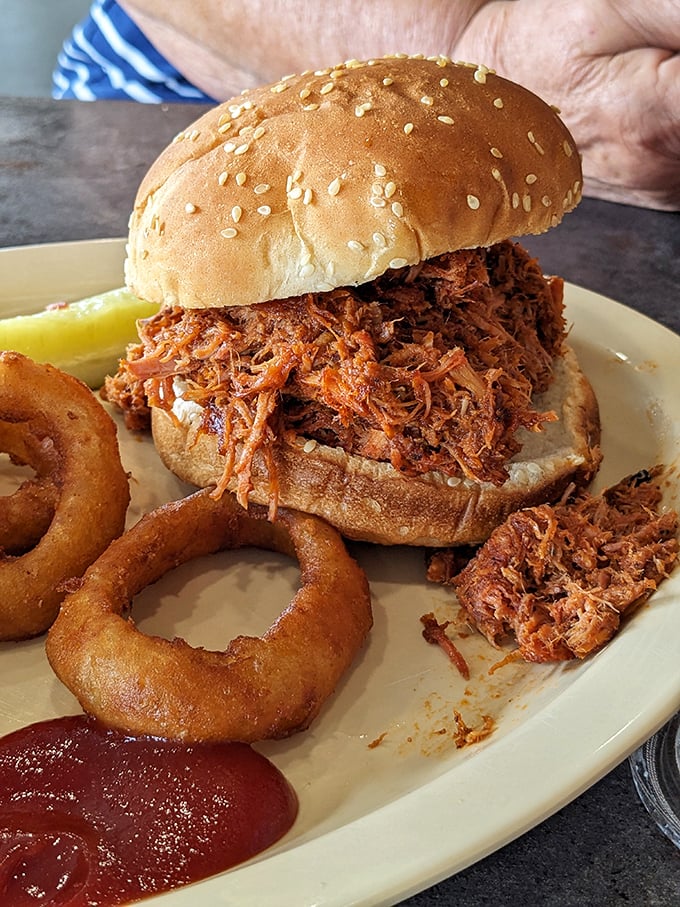 The pulled pork sandwich doesn't merely suggest barbecue excellence&mdash;it screams it with tender, smoky meat that practically gives your taste buds a standing ovation.