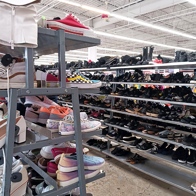 Sneakers, boots, and heels stand at attention like eager recruits. Somewhere in this battalion of footwear, your next favorite pair is hiding.