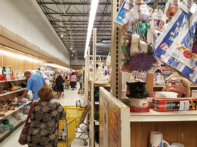 The holiday section: where Christmas ornaments and Halloween decorations live together in peaceful, slightly dusty harmony year-round.