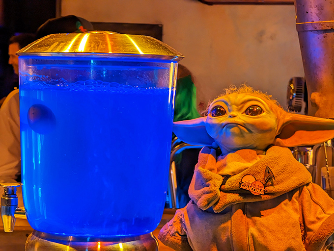 Blue milk and Baby Yoda—name a more iconic duo. This photogenic pairing has become the cantina's unofficial mascot and most Instagrammed moment.