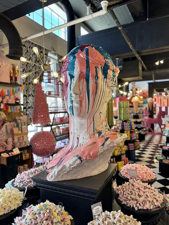This colorful bust isn't melting from the Oklahoma heat—it's a candy-splashed art piece celebrating sweet excess.