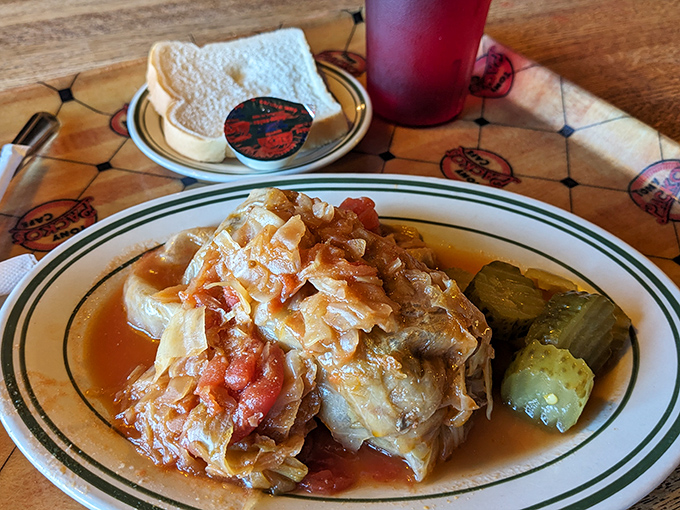 Not just cabbage&mdash;it's a flavor-packed parcel of Old World tradition. The stuffed cabbage swims in tangy tomato sauce that demands to be sopped up.