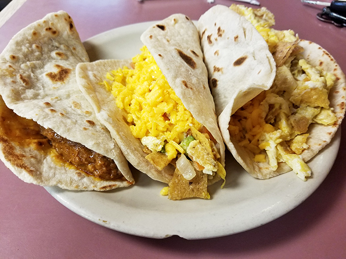 Breakfast tacos: the reason San Antonians get out of bed in the morning. Fluffy eggs and fresh tortillas—simpler times in edible form.