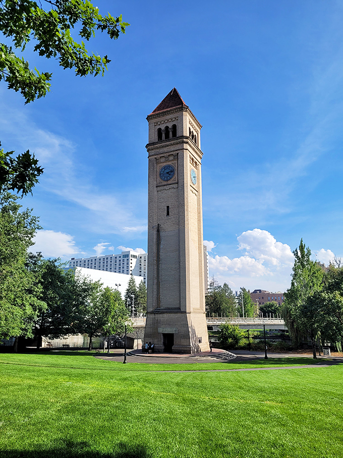 The iconic Great Northern Clocktower stands sentinel in Riverfront Park, a remnant of railroad history now presiding over one of America's best urban parks.