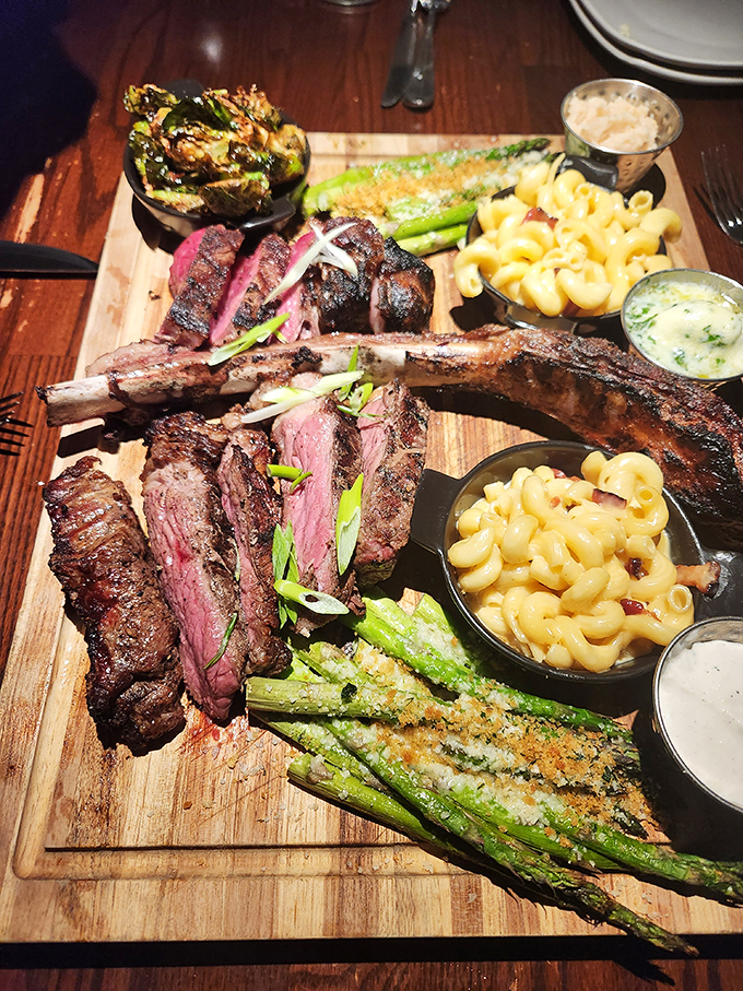 The tomahawk steak isn't just dinner—it's theater on a wooden board. Perfectly medium-rare with mac and cheese that would make your grandmother jealous.