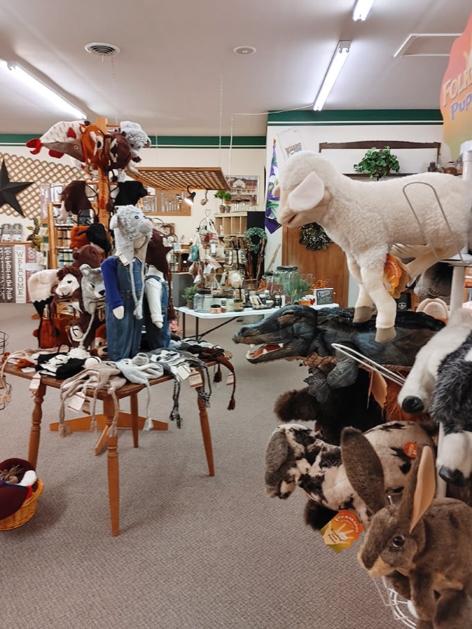 The toy section isn't just for kids—it's for anyone who remembers when stuffed animals were your most trusted confidants. That life-sized sheep isn't judging your candy purchases.