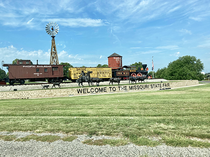 The Missouri State Fair entrance welcomes visitors with a perfect blend of agricultural heritage and small-town pride that's been drawing crowds since 1901.