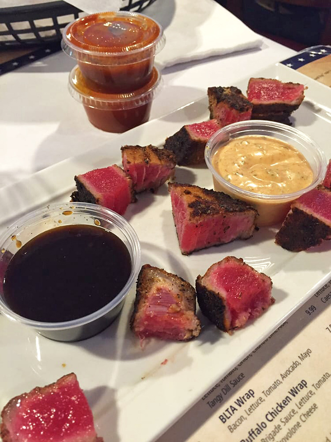 Seared tuna bites with three dipping companions&mdash;a diplomatic summit of flavors that would make Lincoln proud of this delicious union.