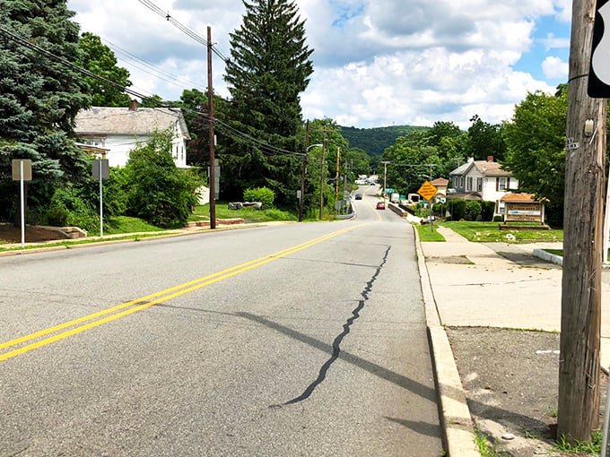 These quiet residential streets hide stories behind every porch swing and garden gate, mountains rising in the distance like nature's own welcome sign.
