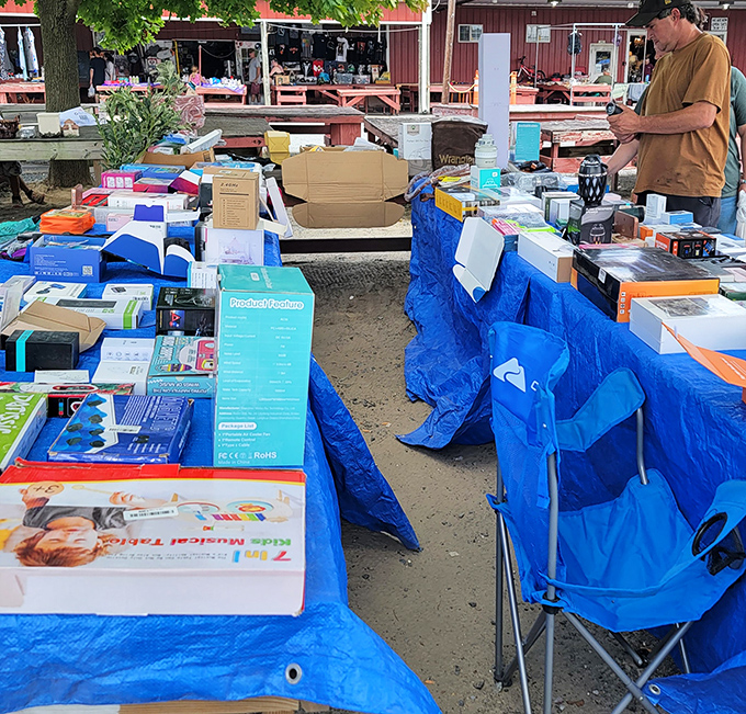 Modern gadgets meet vintage finds on these outdoor tables, where yesterday's technology becomes today's conversation starter.