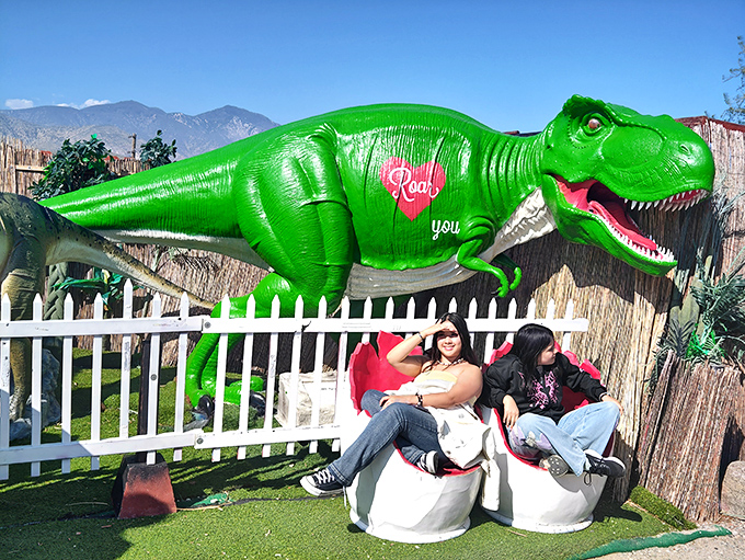 "Roar-y loves you" says this bright green T-Rex, offering the perfect backdrop for visitors seeking that Instagram-worthy moment.