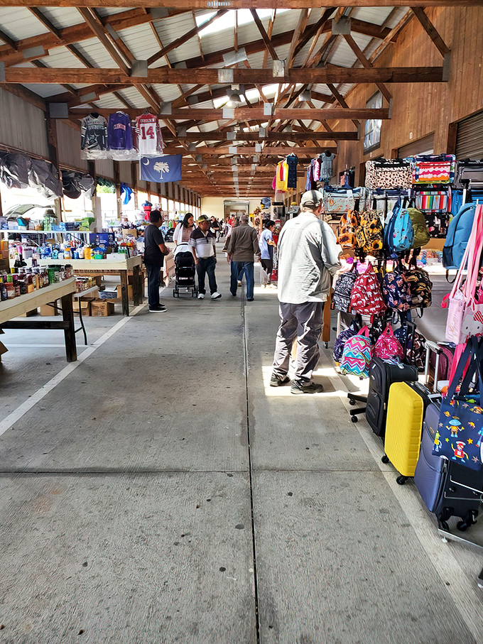 Weekend warriors navigate the outdoor section, where plants and homemade goods create a farmers market vibe within the larger treasure hunt.