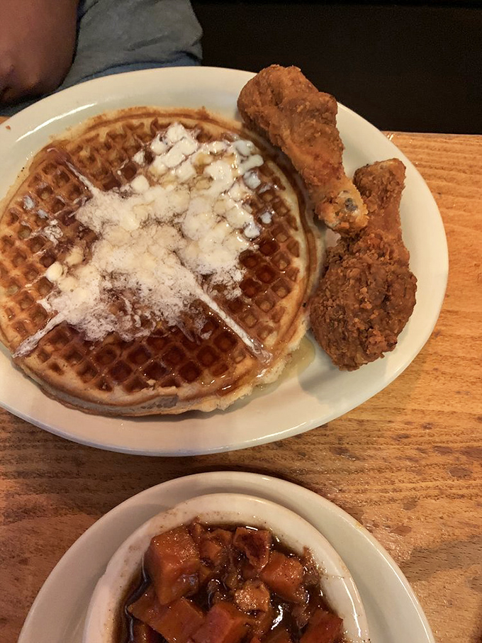 The classic combo that launched a thousand road trips. That powdered sugar on the waffle is like snow falling on a warm Southern landscape.