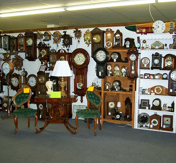 Time literally stands still in this corner dedicated to vintage clocks. Somewhere, a grandfather is nodding in approval at this magnificent collection.