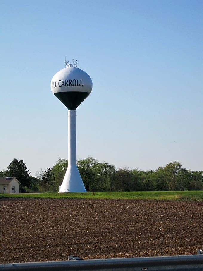 Every small town needs its beacon. Mount Carroll's water tower stands like an exclamation point on the landscape: "We're here! And proud of it!"