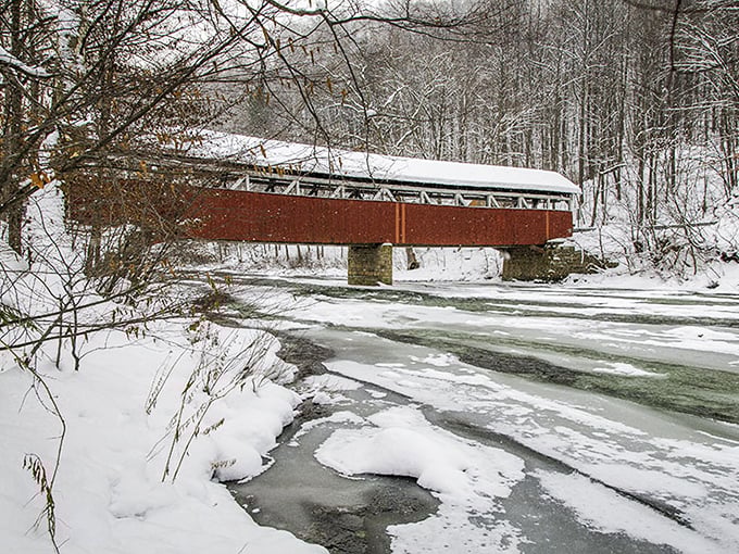 Winter transforms the bridge into a snow-capped fairy tale. Narnia's got nothing on Pennsylvania in January.