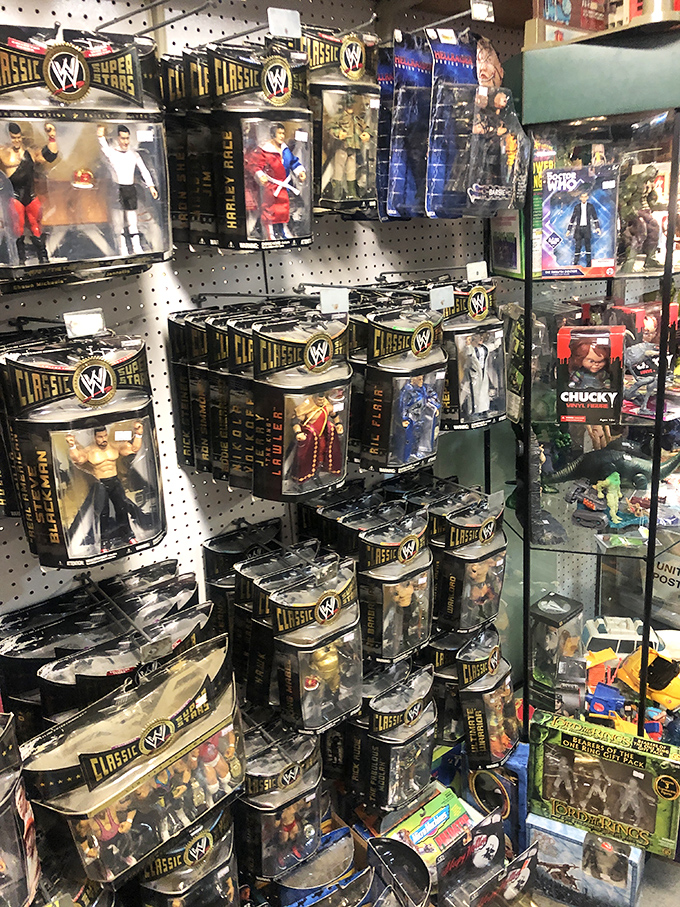 Wrestling figurines stand frozen in time, waiting for collectors to rescue them from their plastic prisons. The Rock would approve! 