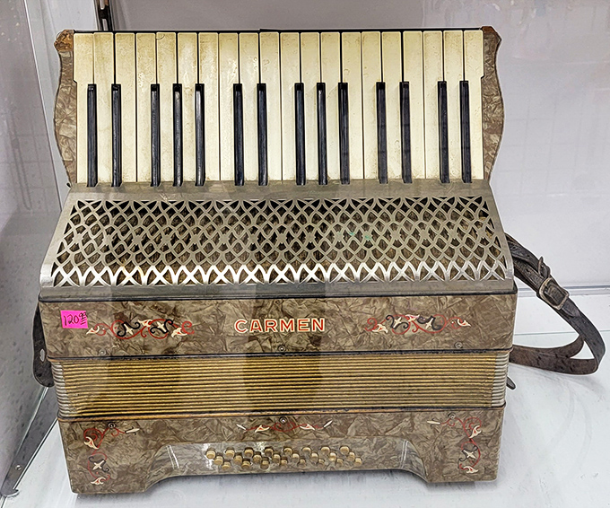 This vintage Carmen accordion doesn't just play music; it tells stories of quinceañeras and wedding celebrations from decades past.
