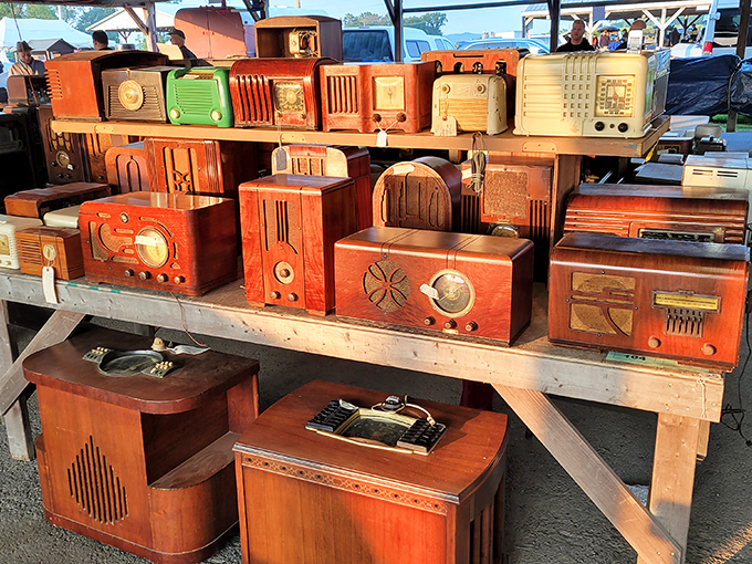 Radio days revival! These wooden beauties once gathered families around for evening entertainment, no streaming subscription required.