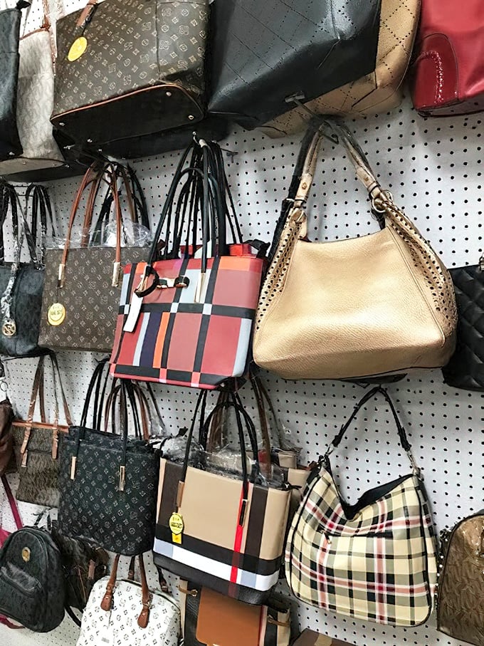 Designer bag heaven or clever replicas? Either way, fashion hunters circle these displays like sharks sensing bargain blood in the water.