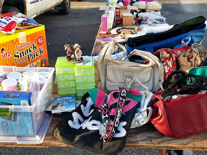 The outdoor tables offer everything from vintage handbags to snack packs—proof that treasure hunting works up an appetite!