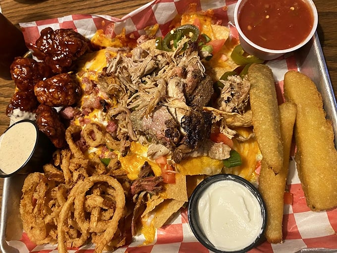 This tray is what happens when barbecue and nachos have a beautiful baby. The cheese pull alone deserves its own Instagram account.