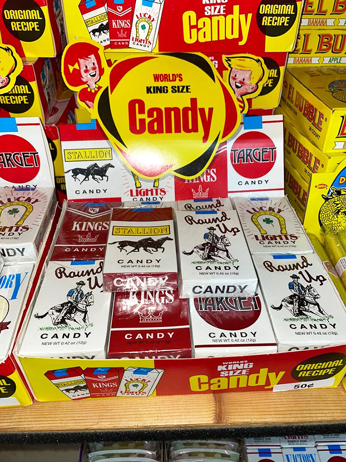 Cigarette candy boxes lined up like a 1950s corner store display &ndash; rebellion in sugar form that once made every kid feel dangerously cool.