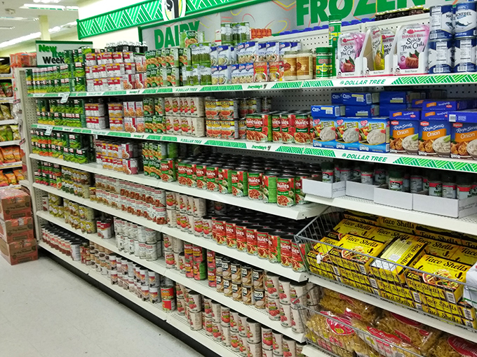 The canned goods section is a prepper's dream and a college student's salvation, offering pantry staples that outlast most relationships.