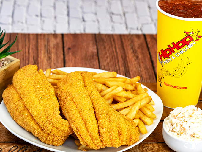 Catfish so perfectly golden it deserves its own trophy. Paired with fries and coleslaw, it's the holy trinity of comfort food.