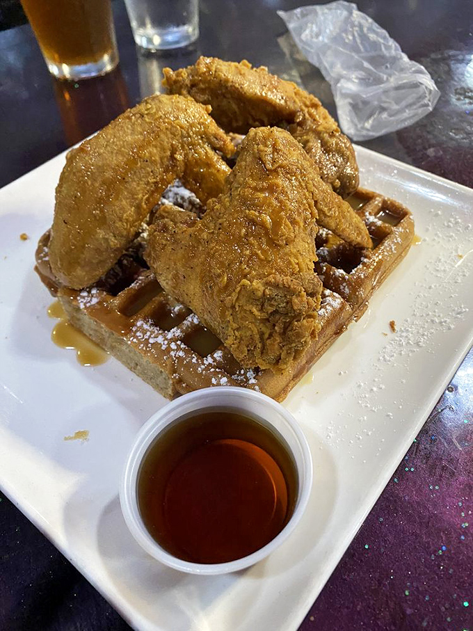 Chicken and waffles: where breakfast and dinner have a delicious identity crisis that nobody wants to resolve. 