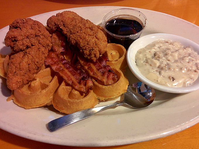 Chicken and waffles: where Southern comfort meets Midwestern hospitality. The gravy alone deserves its own fan club.