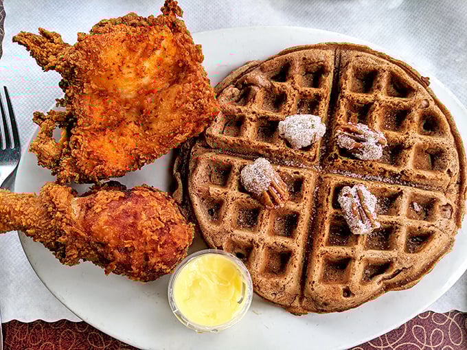The holy matrimony of crispy fried chicken and pecan waffle&mdash;a relationship more harmonious than most Hollywood marriages.