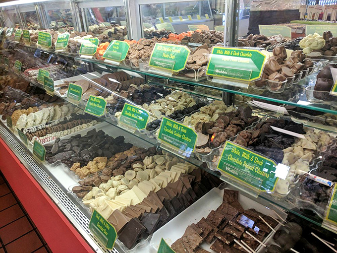 The chocolate display case is like a jewelry store for your taste buds, with rows of handcrafted treasures waiting to be discovered.