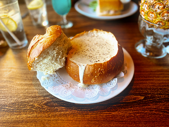 The bread bowl isn't just a vessel; it's edible architecture that transforms from container to dessert as you devour the creamy chowder within.