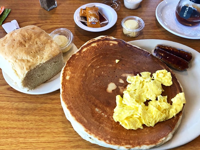 When your pancake is bigger than your plate and comes with eggs and sausage, you know you're having what I call "a proper American morning."