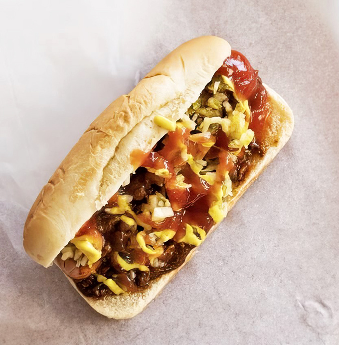 This isn't just a hot dog&mdash;it's a symphony of toppings performing on a perfectly grilled stage, with ketchup and mustard providing the colorful finale.